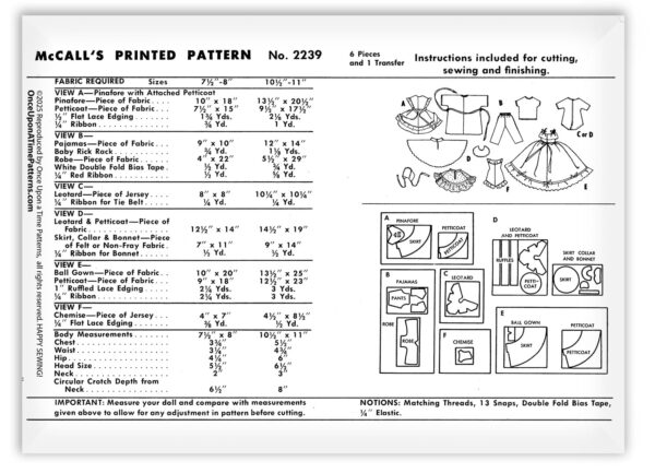 McCalls 2239 Doll Clothes Betsy Diminutive Lingerie Lou Sewing Pattern