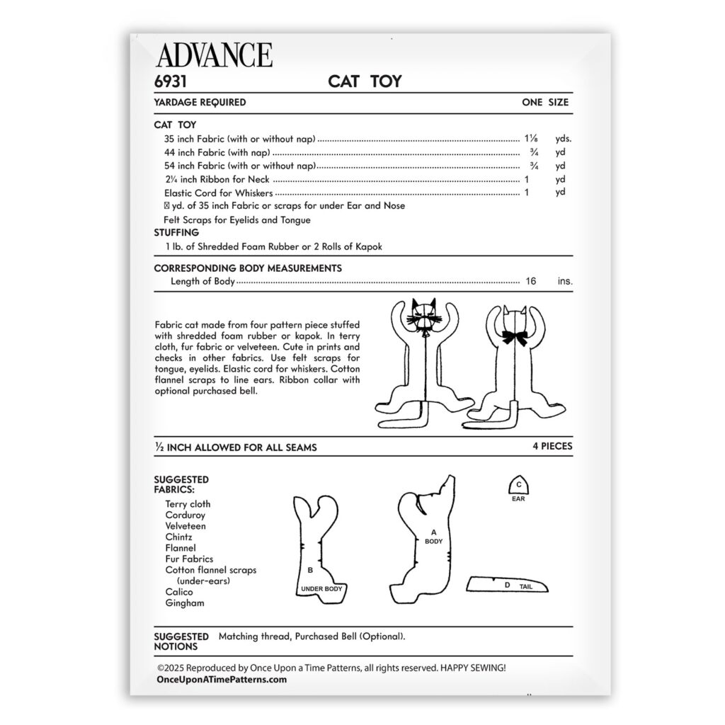 Advance 6931 Cat Toy Stuffed Animal Sewing Pattern